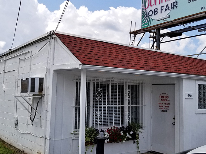 Fred's Diner stands like a humble white sentinel with its distinctive red roof, proving that culinary treasures often hide in plain sight.