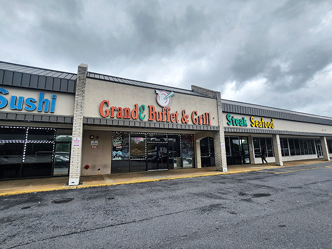 The unassuming strip mall exterior of GrandE Buffet & Grill proves once again that culinary treasures often hide in plain sight throughout Maryland's suburban landscape.