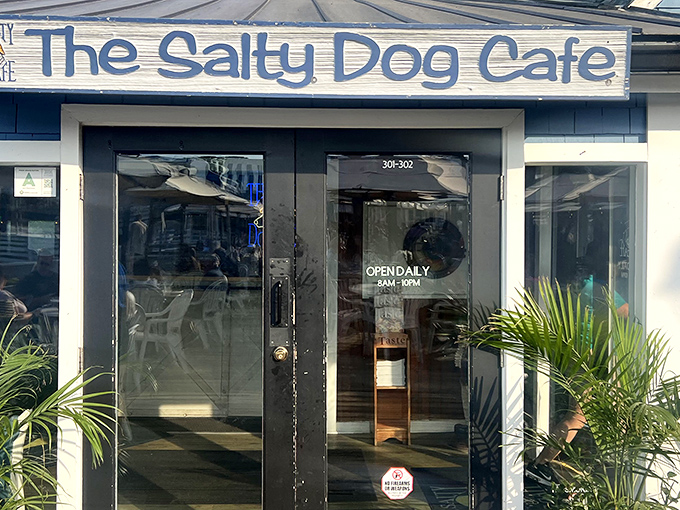 The iconic blue exterior of The Salty Dog Cafe stands out like a maritime beacon, promising seafood treasures within those shingled walls.