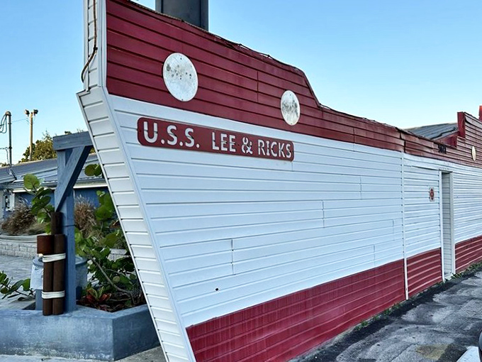 The U.S.S. Lee & Rick's sails proudly on dry land, its boat-shaped exterior promising seafood treasures within. No fancy harbor needed&mdash;just an appetite for adventure.