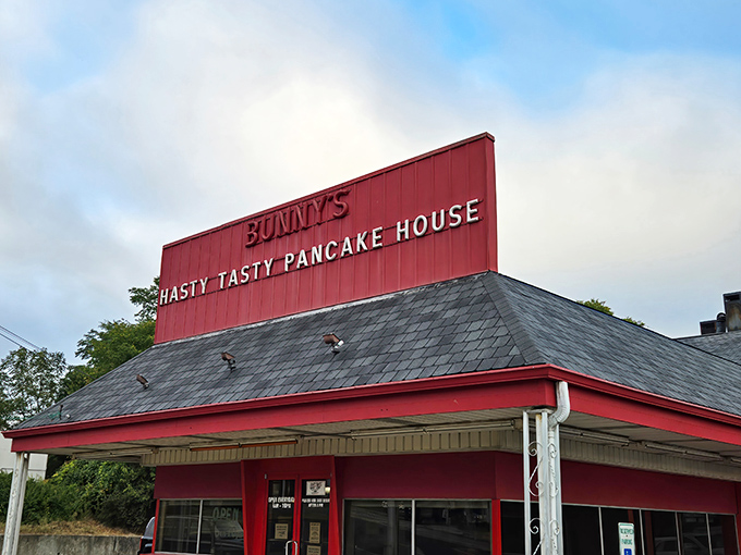 The iconic red exterior of Bunny's Hasty Tasty Pancake House stands as a beacon of breakfast hope for hungry Daytonians seeking comfort food salvation.