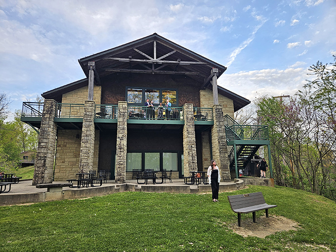 Stone pillars and timber beams create a mountain lodge masterpiece that seems to have grown organically from the Ohio hillside.