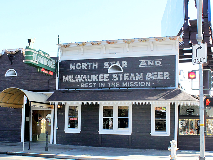 History stands proudly on Bayshore Boulevard, where The Old Clam House's vintage signage tells tales of San Francisco's storied past.
