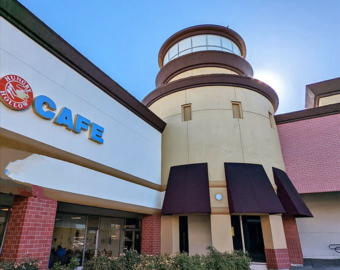 The lighthouse-inspired tower makes Hungry Hollow Cafe impossible to miss, like a beacon calling hungry travelers to breakfast paradise in Carmichael.