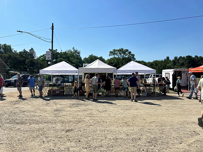 Early birds catch the deals! White canopy tents stand ready for the day's treasure hunting under Michigan's brilliant blue summer sky.