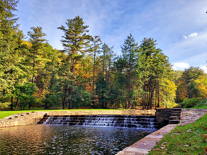 Nature's perfect postcard moment: the historic CCC-built dam creates a waterfall that seems to whisper, "Put down your phone and stay awhile."