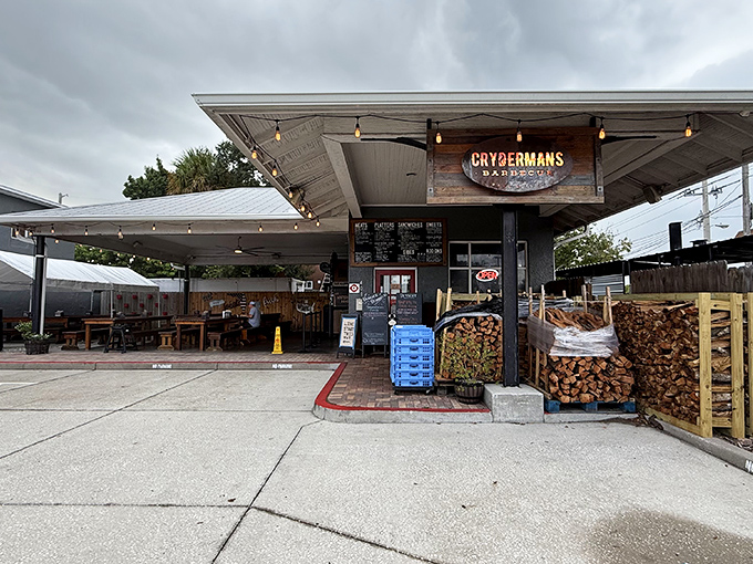 The converted gas station exterior of Crydermans speaks volumes: great barbecue doesn't need fancy digs, just stacks of oak and a whole lot of patience.