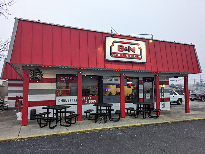 The bright red exterior of B&N Diner stands like a beacon of breakfast hope on Lafayette's landscape. No pretension, just promise.