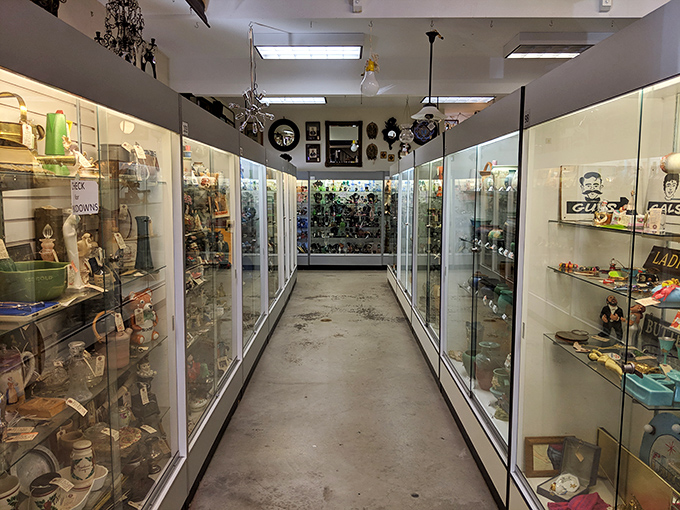 Treasure hunters, take note! This narrow aisle at The Mart Collective is like an archaeological dig where every shelf reveals another decade's worth of fascinating finds.