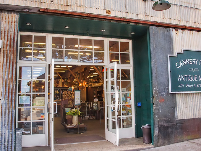 The industrial chic exterior of Cannery Row Antique Mall beckons with promises of treasures behind those gleaming French doors. History preserved in corrugated metal.