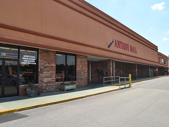 The unassuming exterior of Wildwood Antique Mall &ndash; like finding a treasure chest disguised as a shoebox. Adventure awaits behind those brick walls!