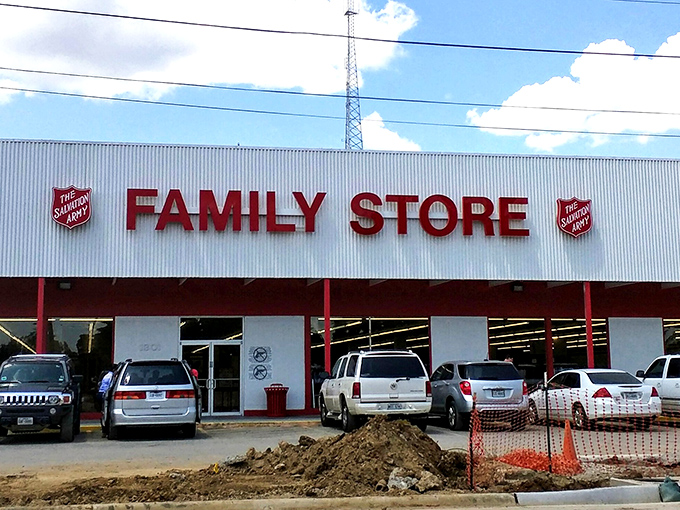 The iconic red lettering of the Salvation Army Family Store beckons bargain hunters like a retail lighthouse in Arlington's sea of big-box stores.