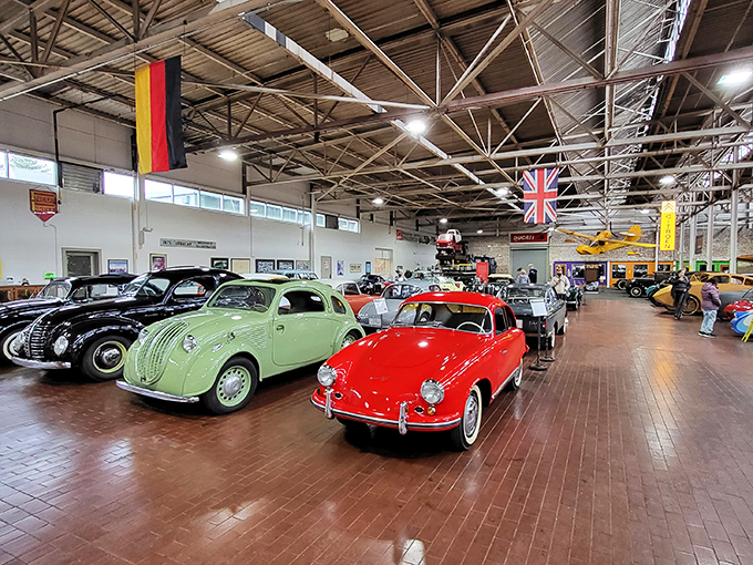 The automotive equivalent of Willy Wonka's factory, minus the Oompa Loompas. European flags hang proudly over this wonderland of wheeled oddities.