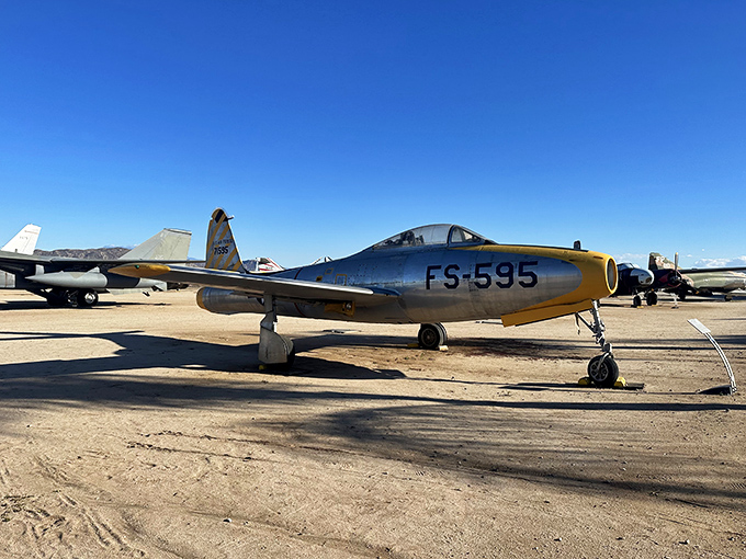 Step back in time at March Field Air Museum, where vintage warbirds like this gleaming FS-595 jet proudly tell aviation’s story!