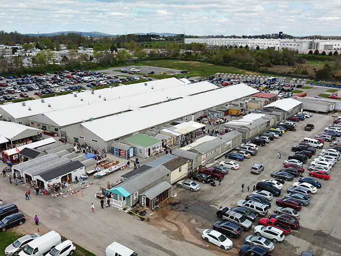 The American flag waves a hearty welcome as shoppers navigate the treasure-filled landscape of Morning Sun Marketplace. Cardboard boxes brimming with possibilities await the curious bargain hunter.