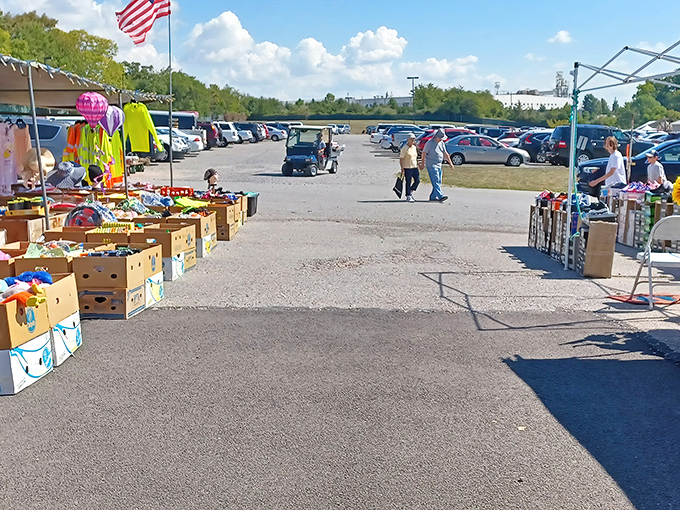The American flag waves a hearty welcome as shoppers navigate the treasure-filled landscape of Morning Sun Marketplace. Cardboard boxes brimming with possibilities await the curious bargain hunter.