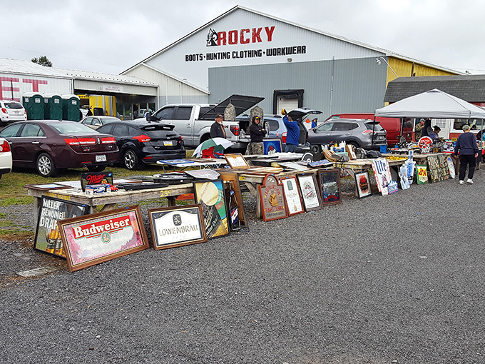 Treasure hunters browse vintage beer mirrors outside Rocky's, where yesterday's bar decorations become today's conversation pieces. The thrill of the hunt is palpable!