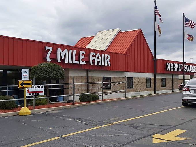 The iconic red-roofed entrance to 7 Mile Fair stands like a retail Narnia wardrobe&mdash;step through and enter a world of endless possibilities.