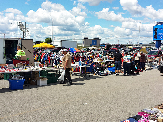 A treasure hunter's paradise unfolds under blue skies, where one person's castoffs become another's prized discoveries.