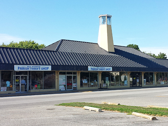 The iconic yellow bell tower stands like a lighthouse for bargain hunters, beckoning shoppers to this treasure-filled haven where fashion meets frugality.