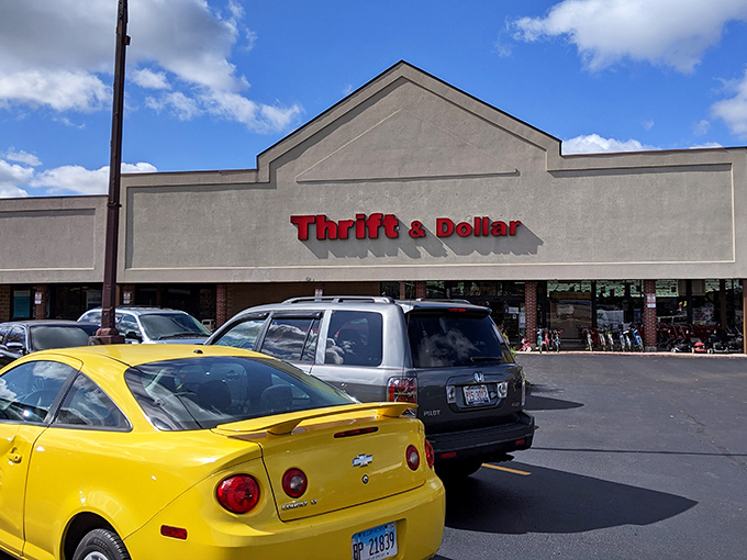 The red lettering of Thrift & Dollar beckons like a siren call to bargain hunters across Aurora. Treasure awaits inside!
