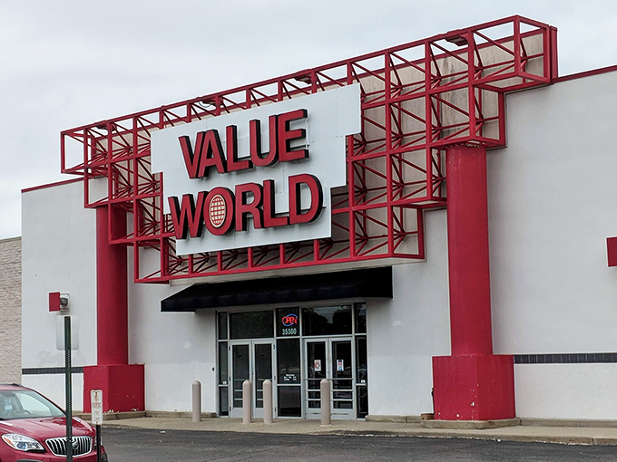 The iconic red and white facade of Value World stands like a beacon of bargain possibilities in Westland's retail landscape.