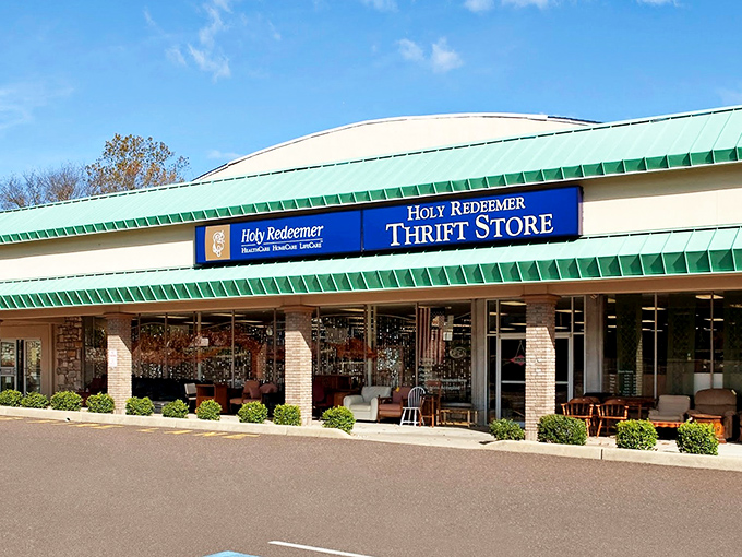 The storefront beckons with its distinctive green-trimmed roof and bold blue signage &ndash; like a beacon for bargain hunters with discerning taste.