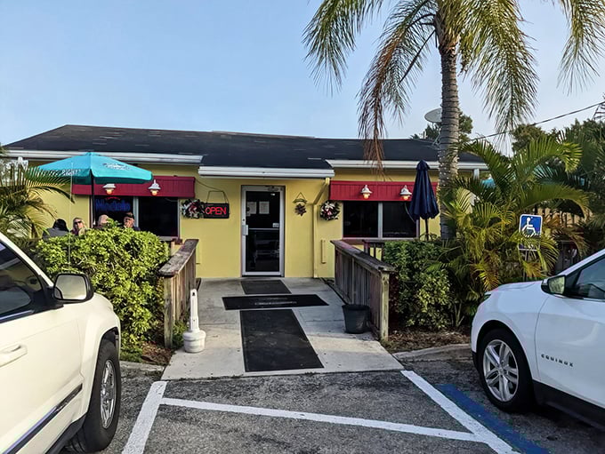 The sunny yellow exterior of Leo's French Toast House with its red awnings isn't just inviting&mdash;it's practically giving you a hug before you even walk in.