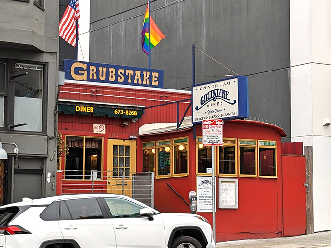 The iconic red exterior of Grubstake Diner stands out like a beacon for hungry night owls, promising Portuguese-American comfort food until the wee hours.