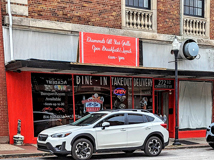 The bright red exterior of Diamonds All Star Grille stands out on Chestnut Street like a beacon for hungry travelers. Classic diner charm in downtown Meadville.