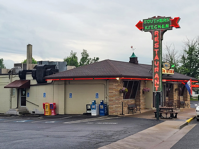 That iconic neon sign beckons hungry travelers like a lighthouse for comfort food enthusiasts navigating the Shenandoah Valley.