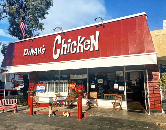 The bright red facade of Dinah's Chicken stands as a beacon of comfort food, complete with rocking chairs that invite you to slow down before the feast begins.