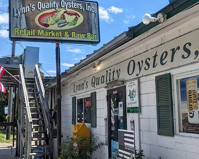 The unassuming white exterior of Lynn's Quality Oysters proves once again that Florida's best seafood treasures often hide in plain sight.