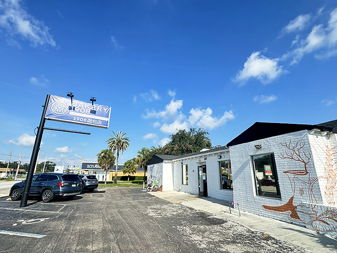 The unassuming exterior of Bakery 1908 proves once again that culinary treasures often hide in plain sight. That mural hints at delicious secrets within.