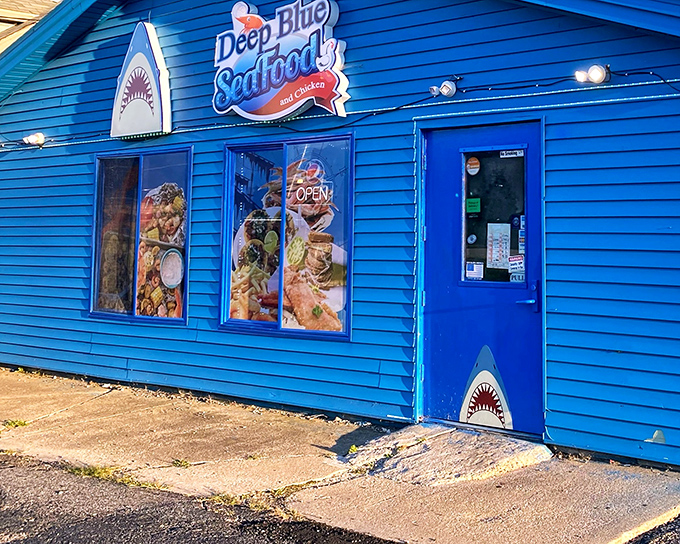 The vibrant blue exterior isn't just eye-catching&mdash;it's practically screaming "fresh seafood inside!" Like a coastal shack teleported to Indiana.