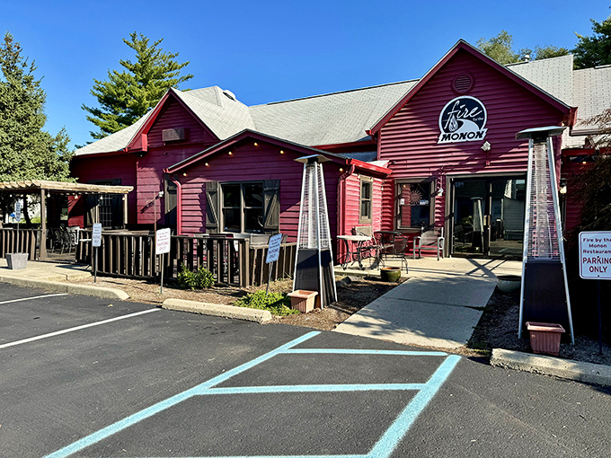 The burgundy beacon of Broad Ripple beckons hungry travelers. Fire by the Monon's charming exterior promises comfort food that lives up to its vibrant appearance.