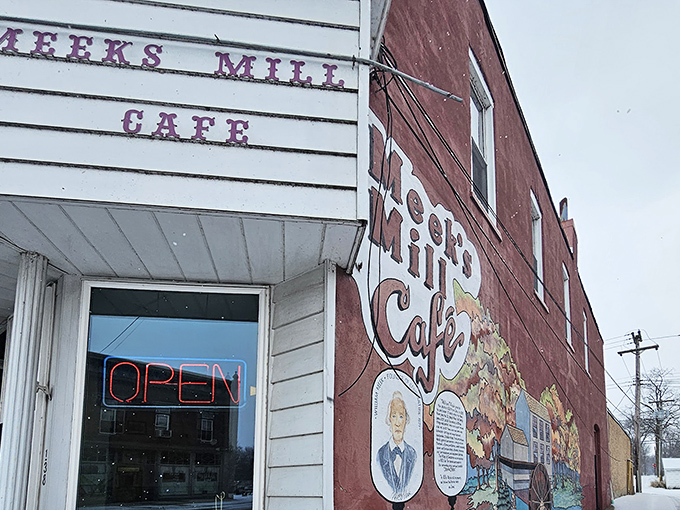 The unassuming exterior of Meeks Mill Cafe stands as a testament to the old adage: never judge a book—or in this case, a breakfast burrito—by its cover.