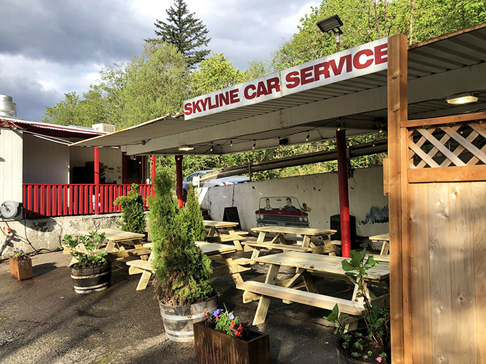 Nestled among towering evergreens, Skyline Restaurant's classic white-and-red exterior promises comfort food nirvana that time forgot&mdash;in the best possible way.