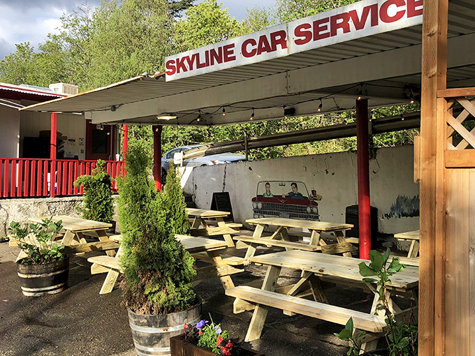 The unassuming exterior of Skyline Restaurant promises no frills, just thrills for your taste buds. Portland's burger paradise awaits.