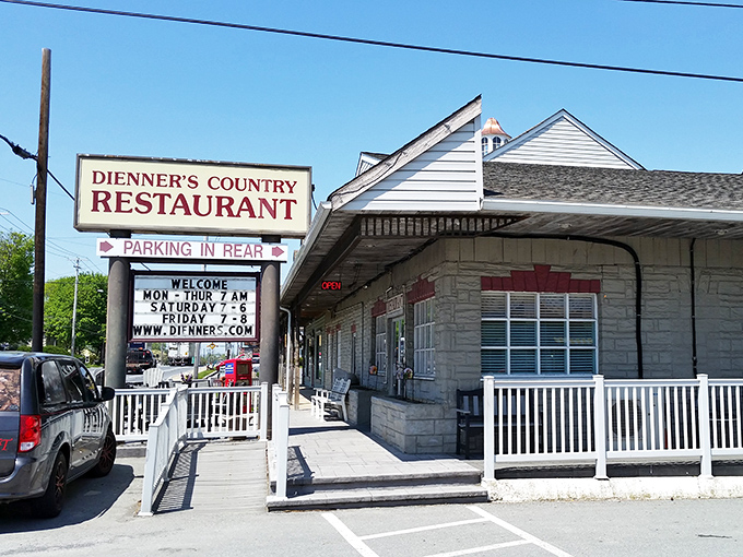 The welcoming glow of Dienner's at dusk promises comfort food salvation after a long day exploring Amish Country.