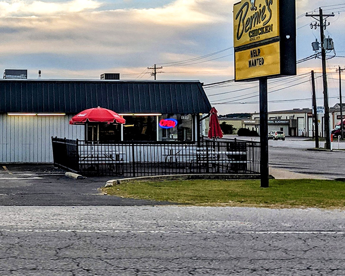 Bernie's modest exterior with its blue metal roof and glowing "OPEN" sign isn't trying to win architectural awards&mdash;it's saving all that energy for what's on your plate.