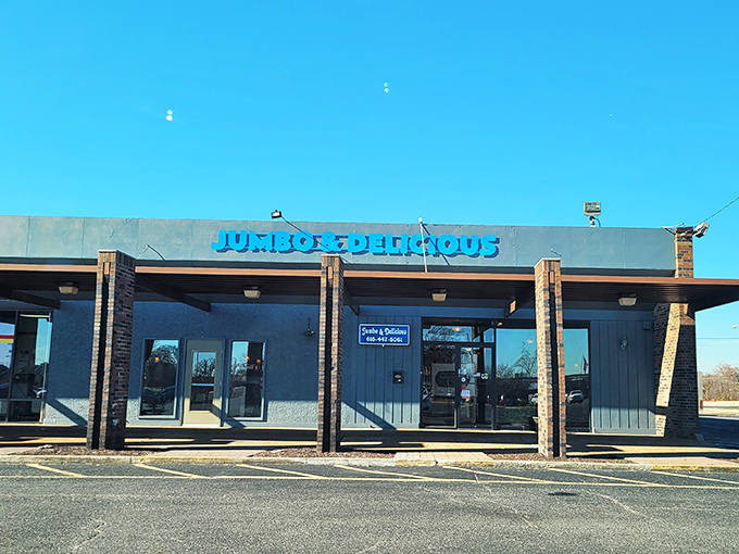 The unassuming blue facade of Jumbo & Delicious stands like a culinary fortress in Hendersonville, promising treasures that far exceed its modest exterior.
