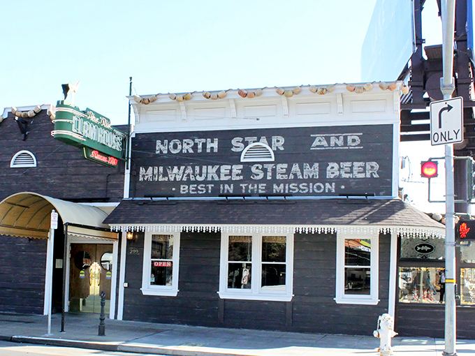 History stands proudly on Bayshore Boulevard, where The Old Clam House's vintage signage tells tales of San Francisco's storied past.