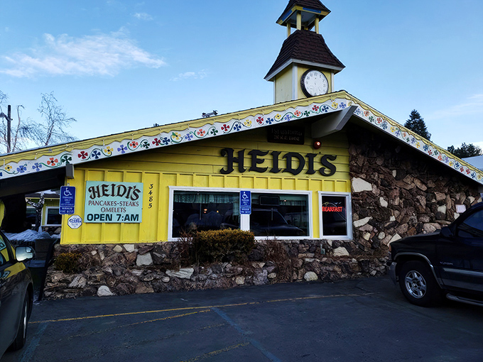 The bright yellow Alpine chalet with its charming clock tower isn't just eye-catching&mdash;it's a promise that breakfast dreams come true inside.
