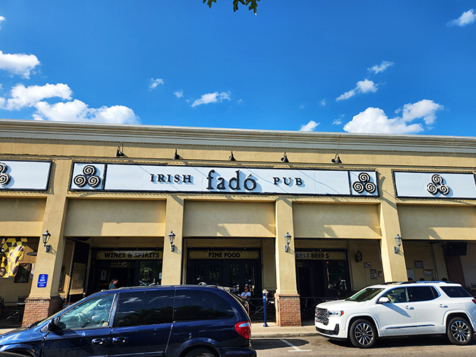 The welcoming fa&ccedil;ade of Fad&oacute; Irish Pub stands proudly in Columbus, promising authentic Irish comfort under bright Ohio skies.