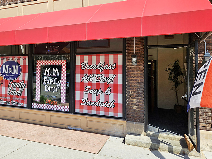 That iconic red awning isn't just a sunshade&mdash;it's a beacon of breakfast hope for hungry travelers navigating downtown Logan's brick-lined streets.