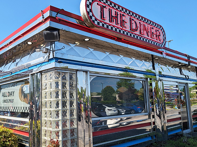 The gleaming stainless steel exterior of The Diner shines like a time machine disguised as a restaurant. Classic Americana at its finest!