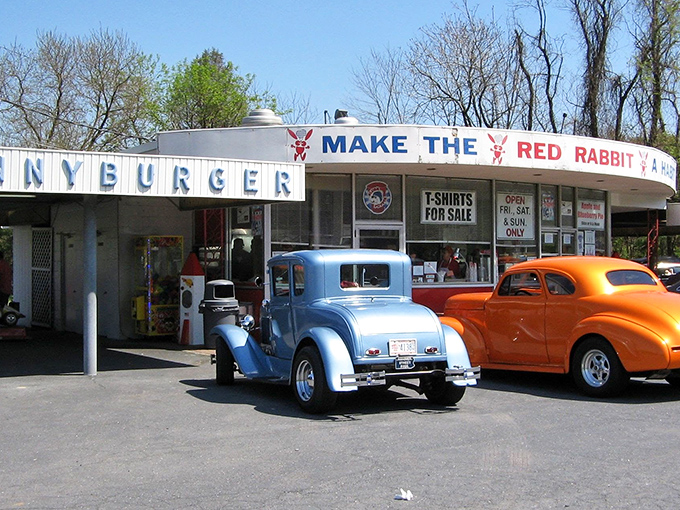 The iconic Red Rabbit sign beckons hungry travelers like a neon lighthouse on Route 322. Make it a habit, indeed!