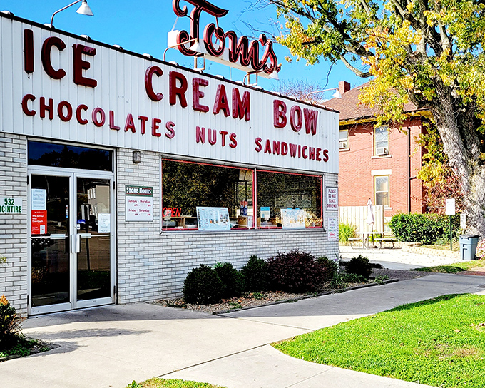 The iconic red sign of Tom's Ice Cream Bowl has been beckoning sweet-toothed pilgrims to Zanesville since 1948. Time stands deliciously still here.