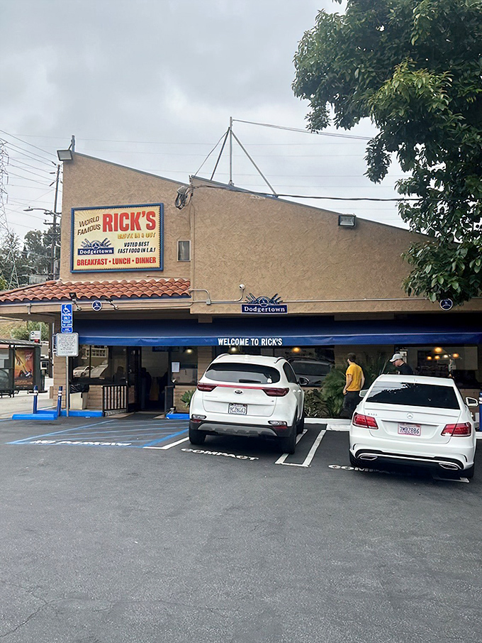 The stucco exterior of Rick's proudly announces its "World Famous" status in Dodgertown, where breakfast dreams come true under that distinctive Spanish-tile awning.